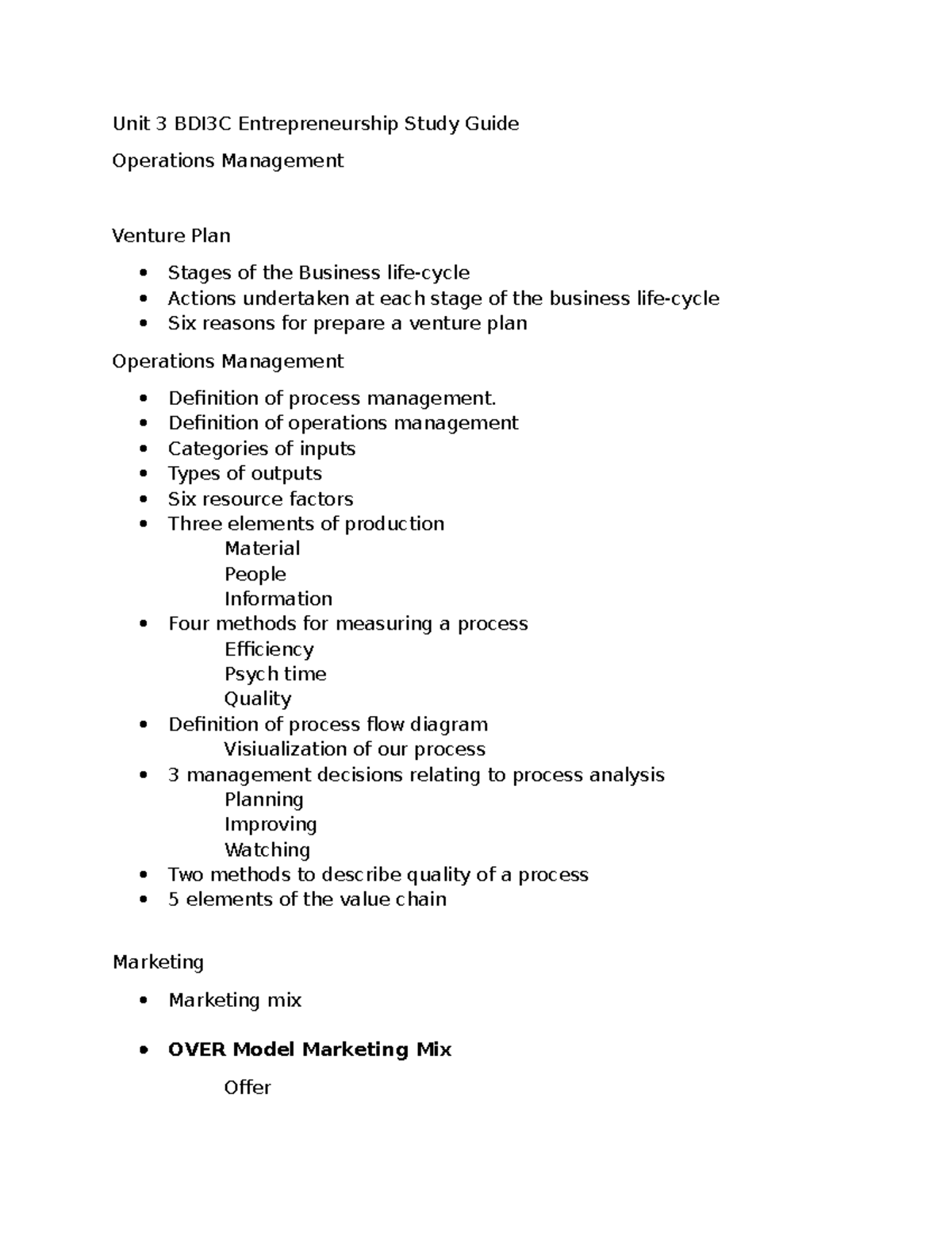 Unit 3 BDI3C Entrepreneurship Test Study Guide: Operations & Marketing ...