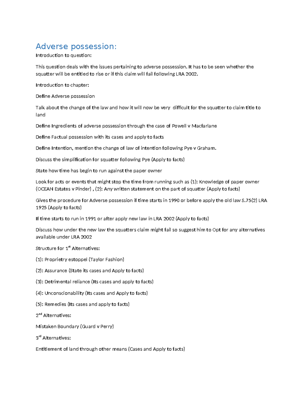 Adverse Possession: Key Issues & Legal Framework (LRA 2002) - Studocu