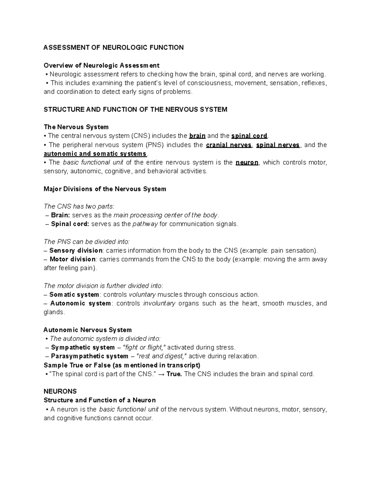 Assessment of Neurologic Function: Overview and Key Concepts - Studocu