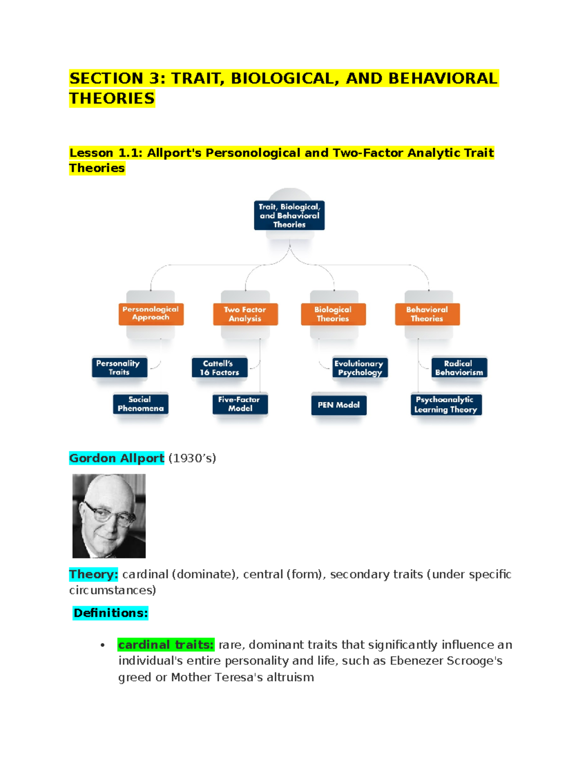 PSY 101: Lesson 1.1 & 1.2 - Trait, Biological, and Behavioral Theories ...