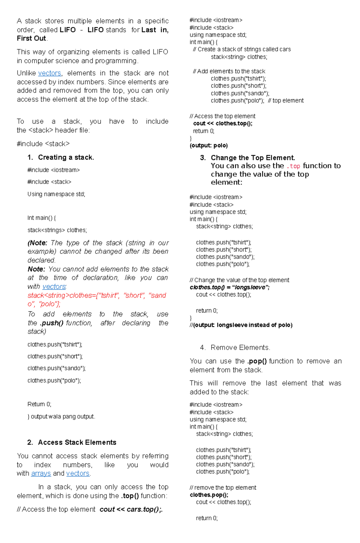 C++ Stack Implementation Guide - 3 C++ Stack Concepts - Studocu