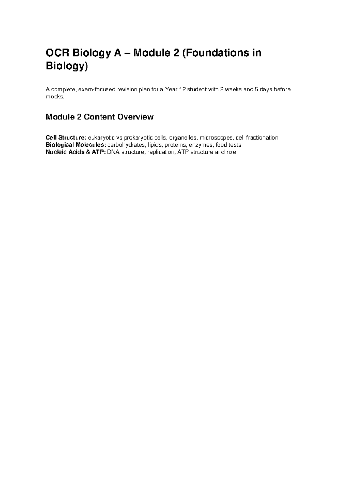 OCR Biology A Module 2 Revision Plan: 2 Weeks Before Mocks - Studocu
