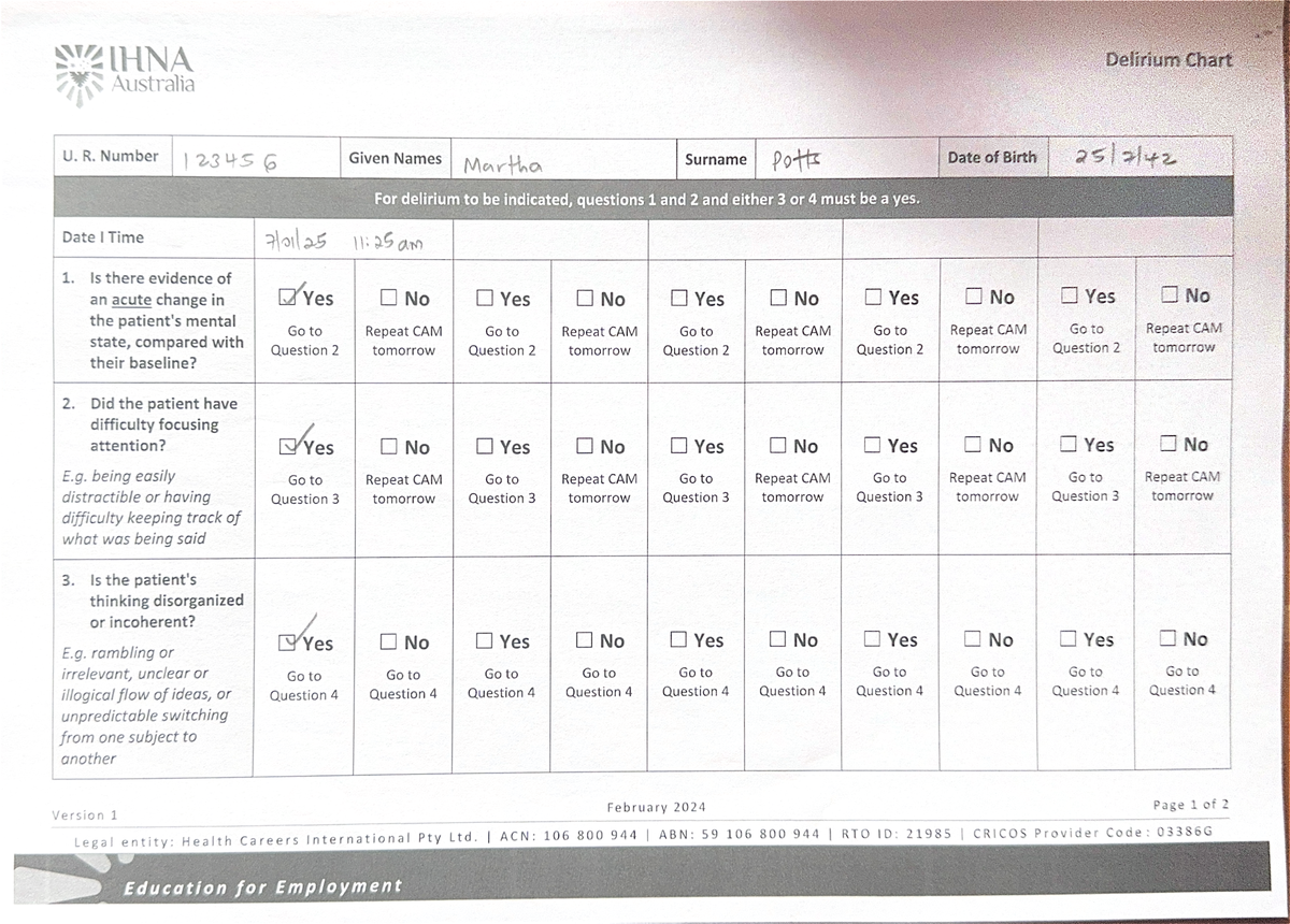 Delirium Assessment Chart - Martha Potts (IHNA) - Studocu