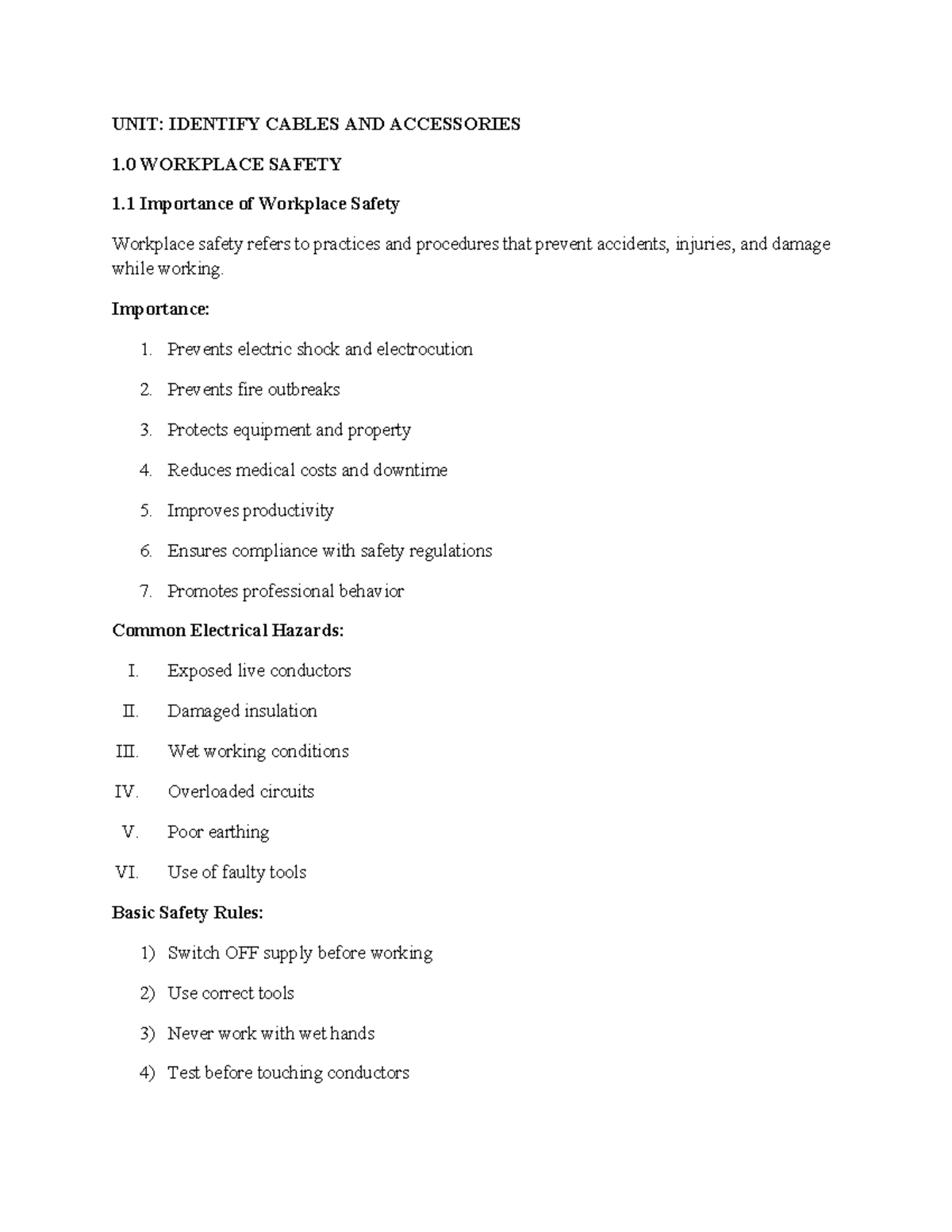 UNIT: CABLES & ACCESSORIES SAFETY NOTES (PVC SHEATHED) - Studocu