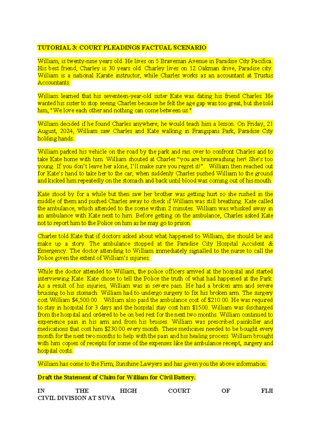 LW304 - Tutorial 3: Statement of Claim for Civil Battery Case - Studocu