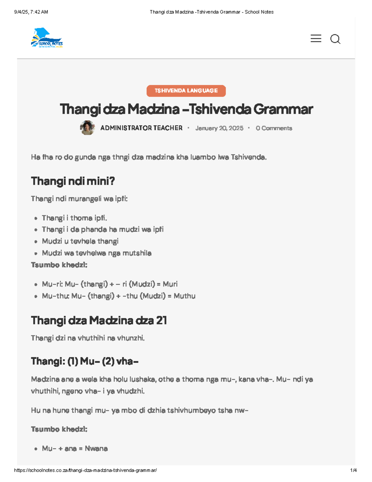 TSH 101: Thangi dza Madzina - Tshivenda Grammar Study Notes - Studocu