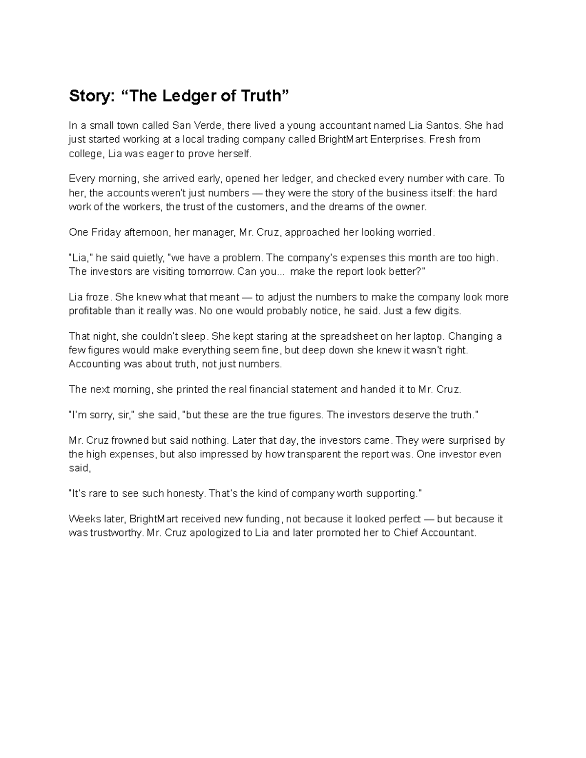 A101 Essay: The Integrity of Accounting in "Ledger of Truth" - Studocu