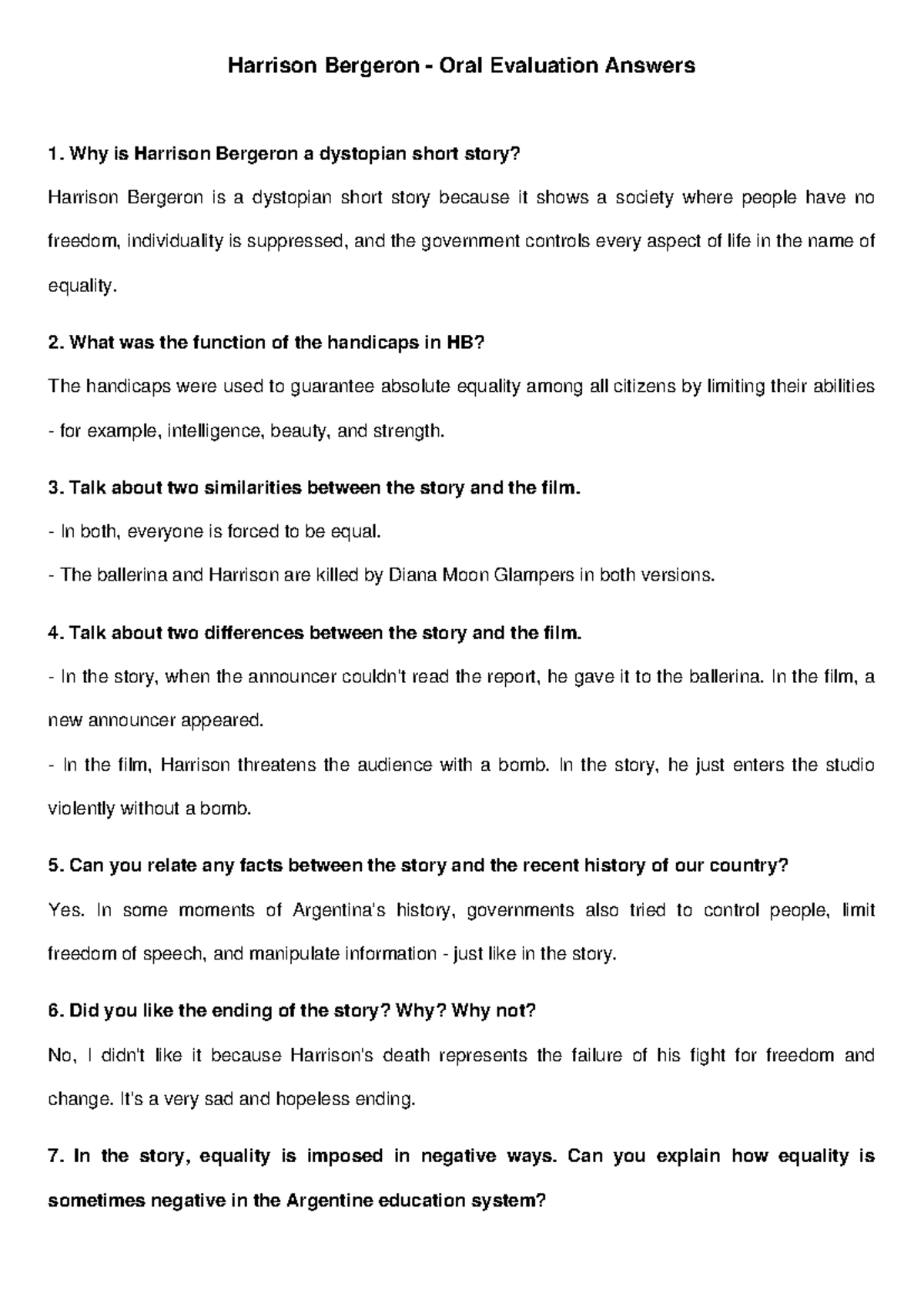 Harrison Bergeron (ENG 101) Oral Evaluation Answers and Analysis - Studocu
