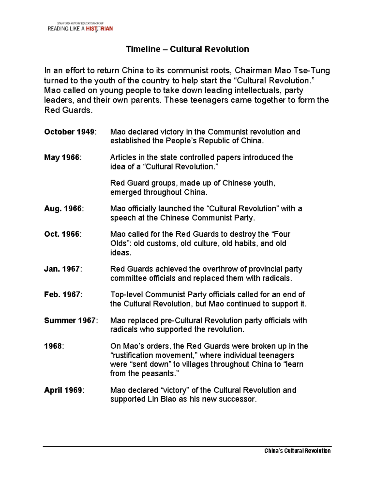 Cultural Revolution Timeline and Personal Accounts (HIST 101) - Studocu