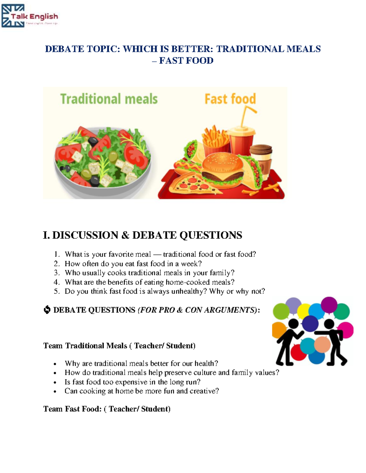 Debate Topic: Traditional Meals vs. Fast Food - Discussion Guide - Studocu