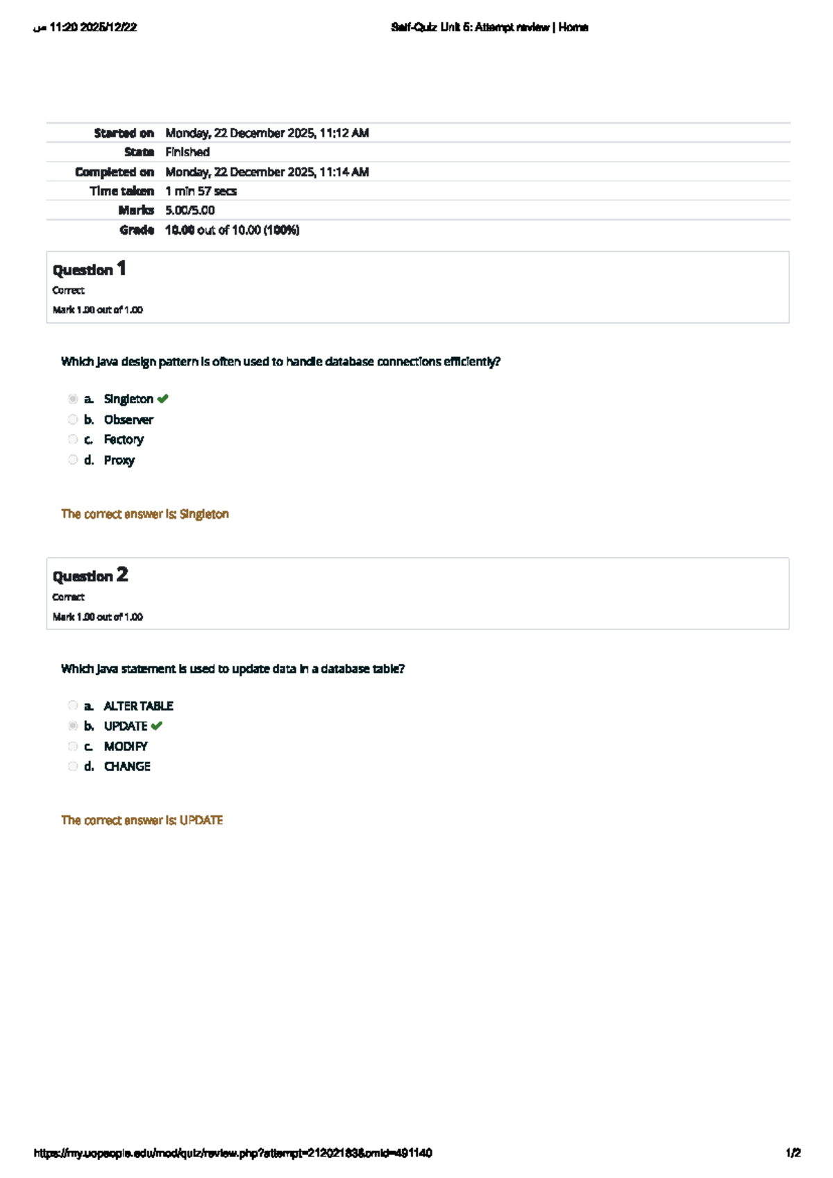 Self-Quiz Unit 5: Java Design Patterns & Database Updates - Studocu
