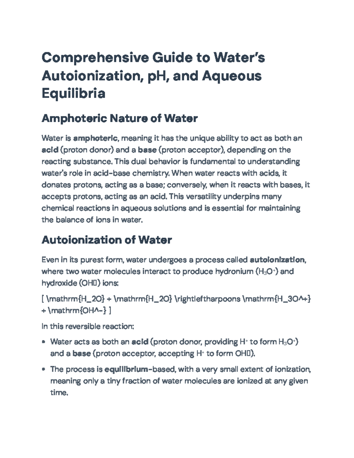 Comprehensive Guide to Autoionization, pH, and Aqueous Equilibria - Studocu