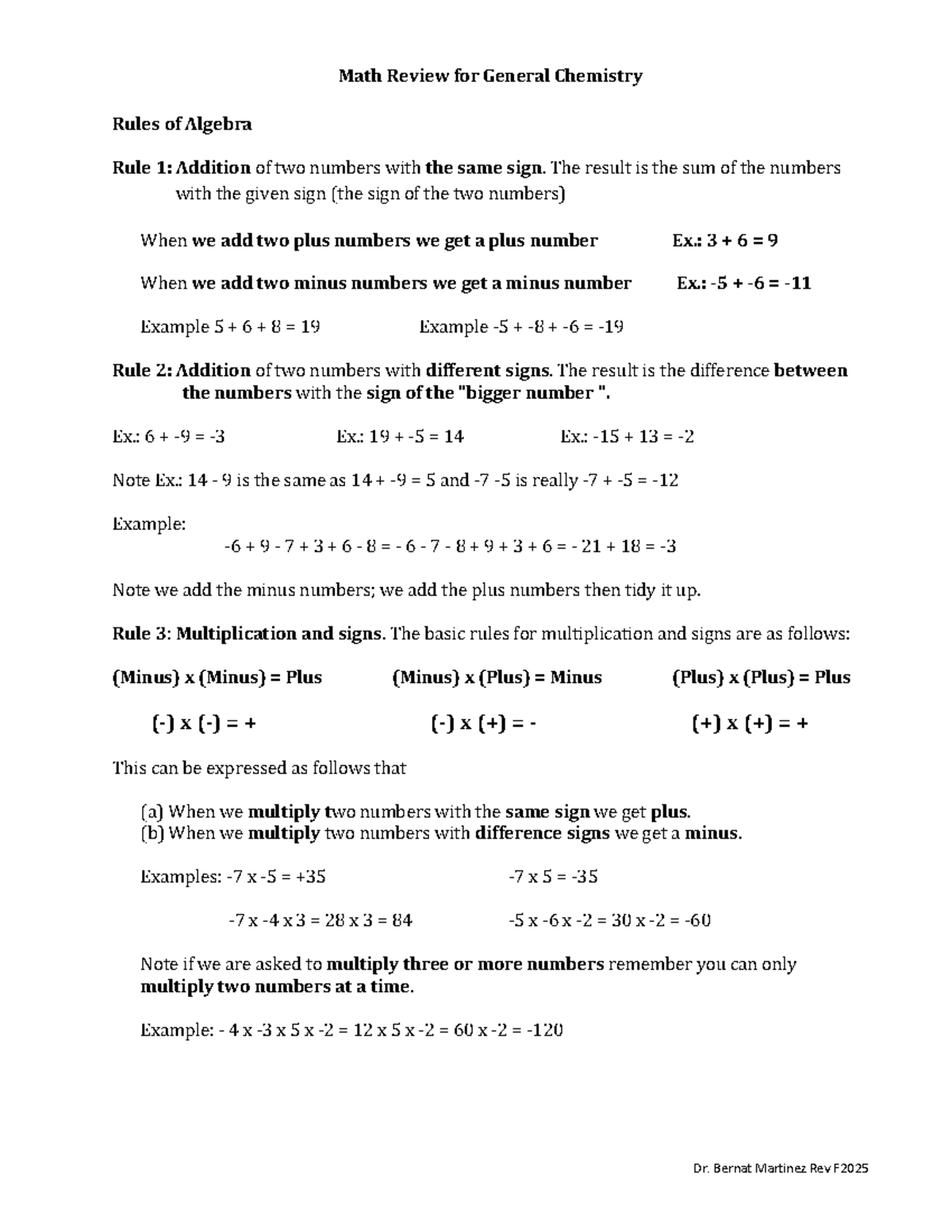 Math Review for General Chemistry (F2025) - Algebra Rules and Exponents ...