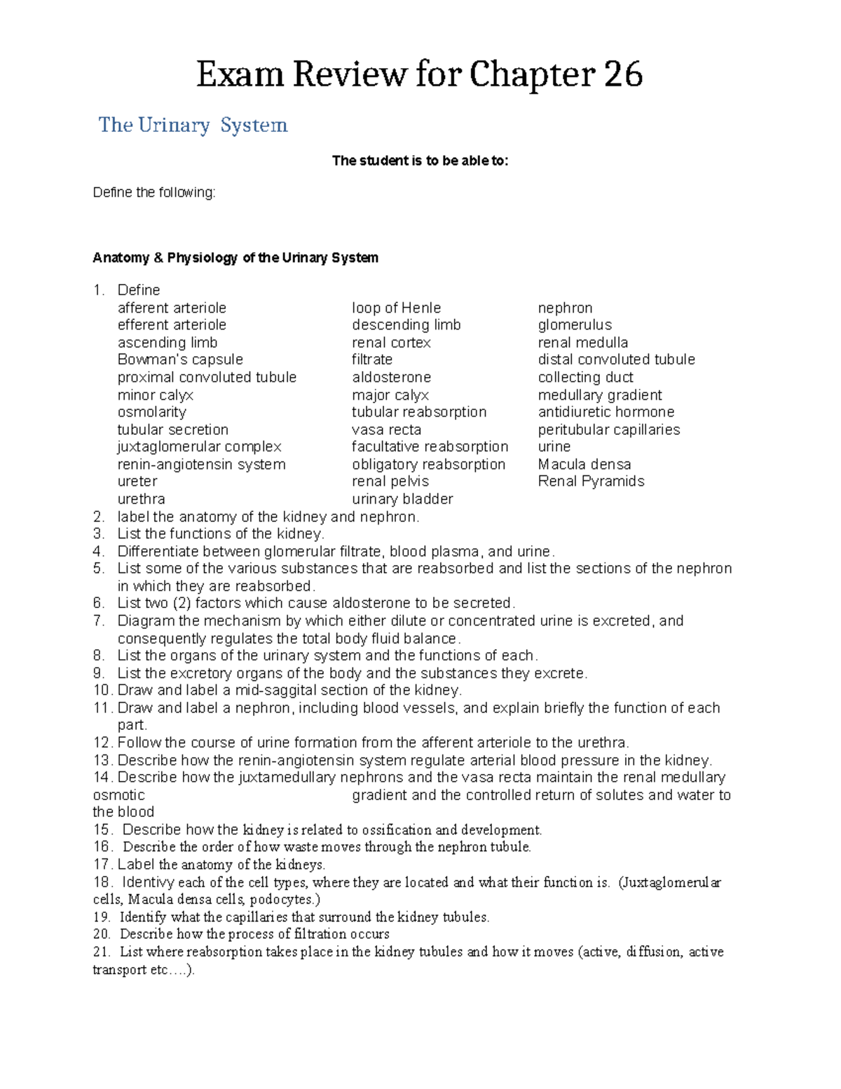 Exam Review for Chapter 26: The Urinary System Concepts - Studocu
