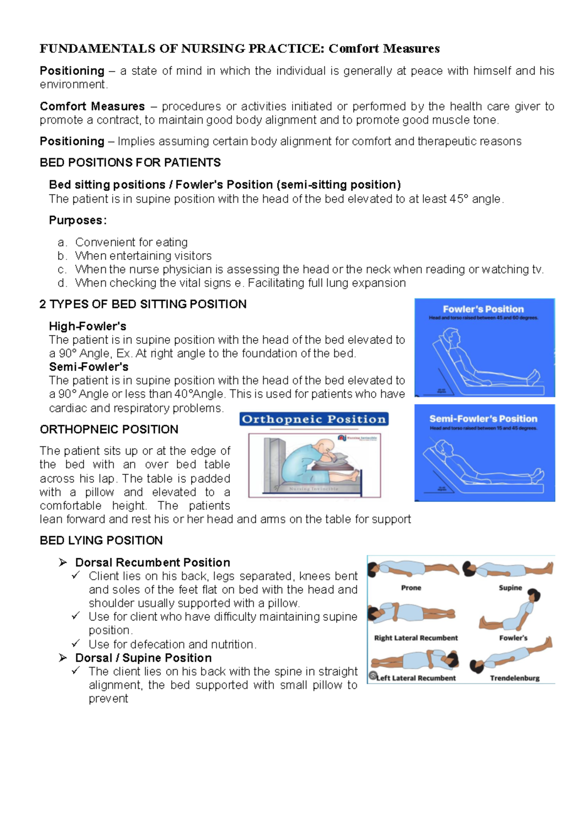 FNP Comfort Measures: Positioning Techniques for Patient Care - Studocu
