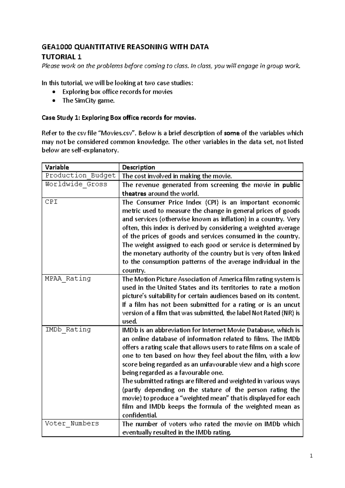 Pre tut 1 hmk - tut 1 assignment - GEA1000 QUANTITATIVE REASONING WITH DATA TUTORIAL 1 Please ...
