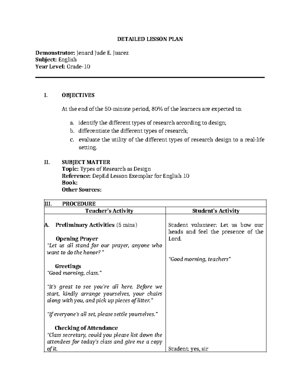 Detailed Lesson Plan on Research Design for English 10 - Studocu