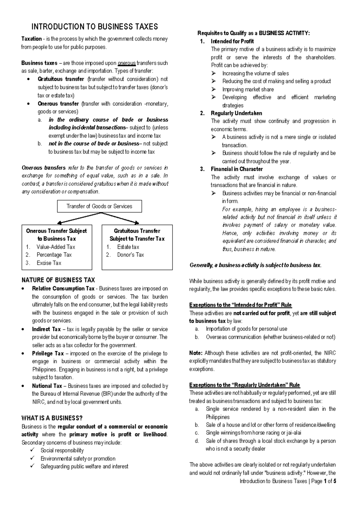 BUS 101: Introduction to Business Taxes Overview and Key Concepts - Studocu