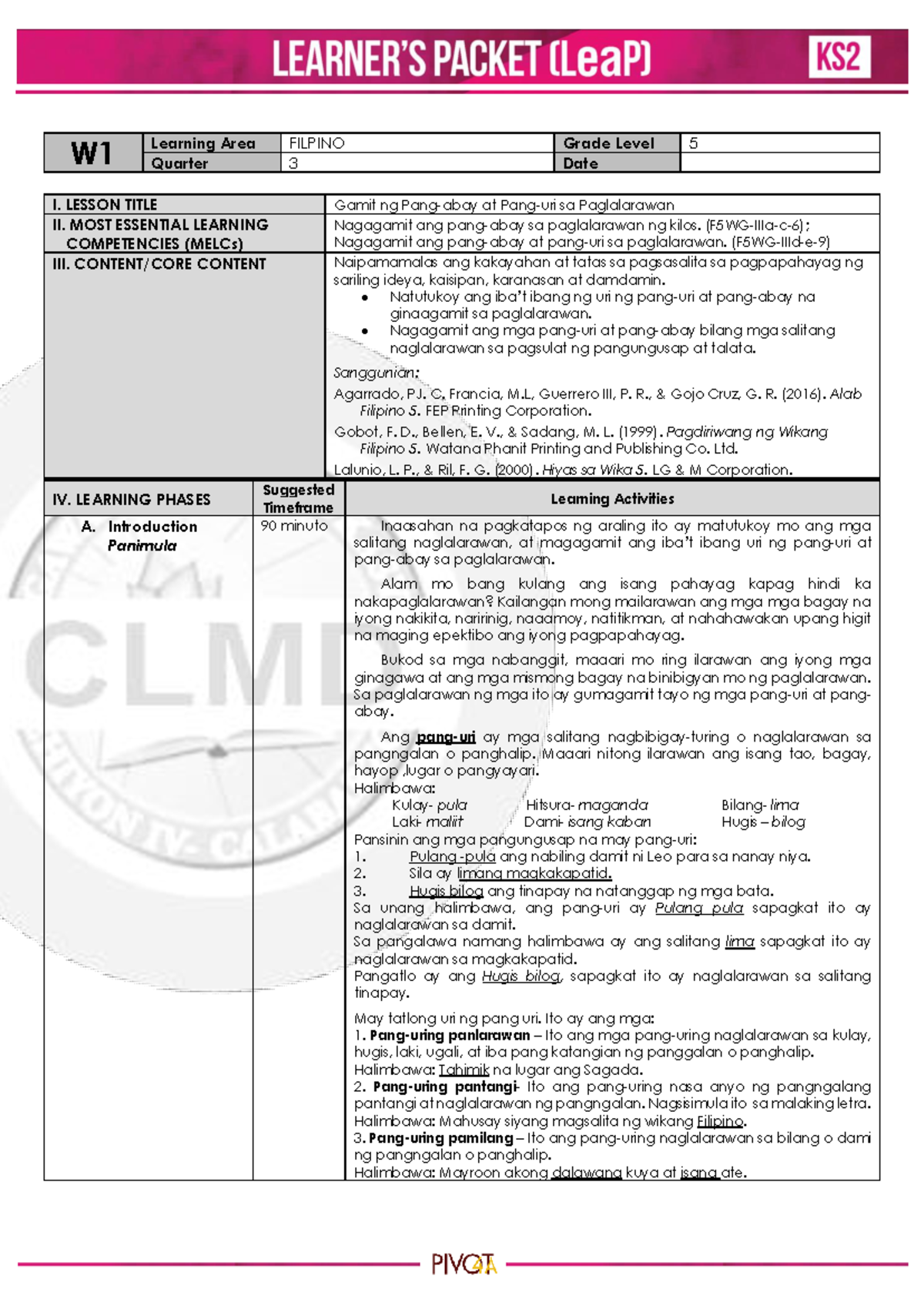 Lea P-Filipino-G5-Week 1-Q3 - W Learning Area FILPINO Grade Level 5 ...
