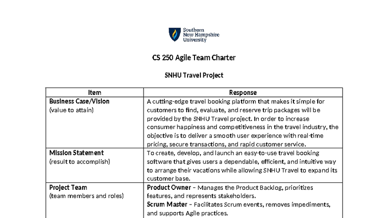 CS 250 Agile Team Charter for SNHU Travel Project - Studocu