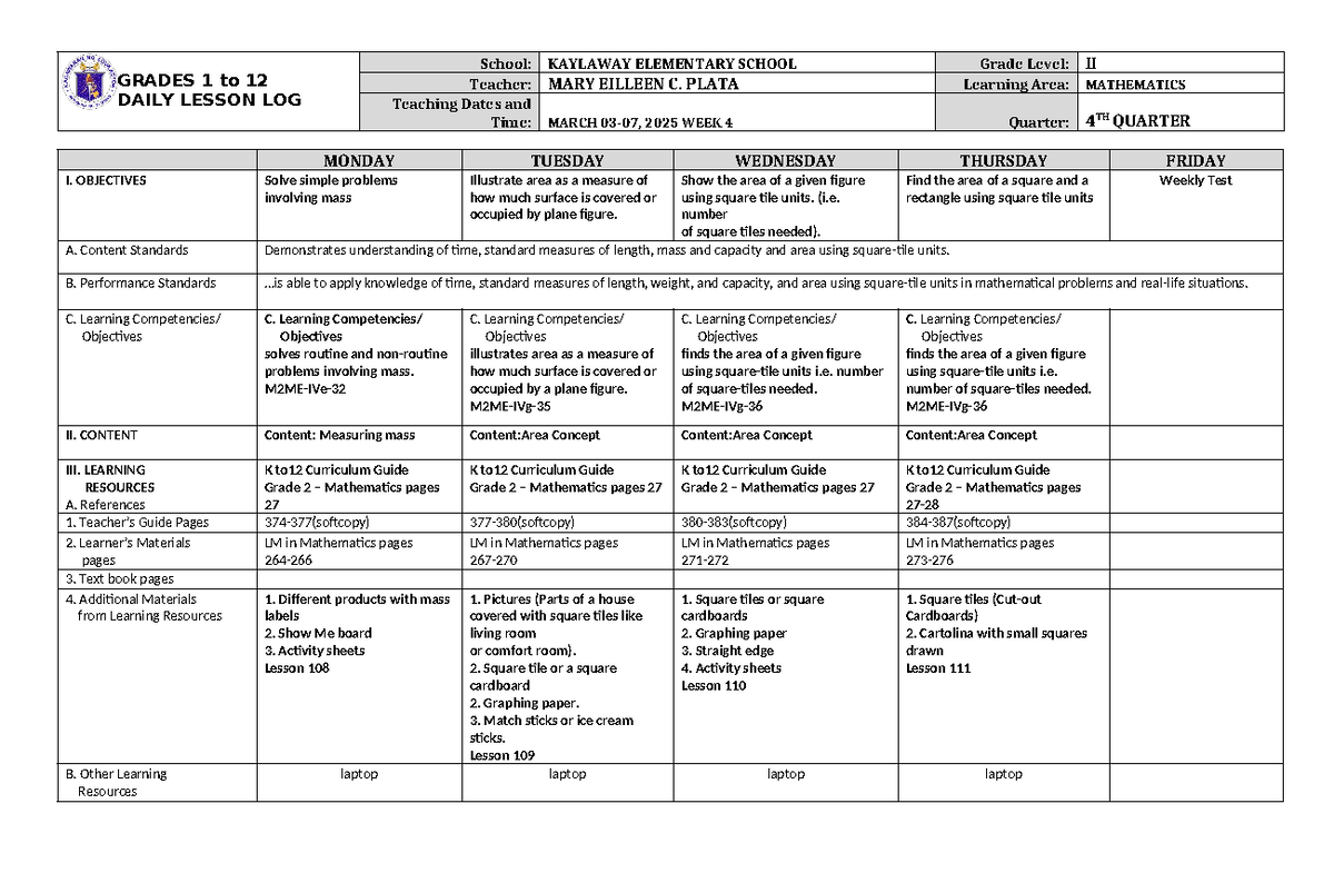 Grade 2 Math DLL: Daily Lesson Log for Q4 Week 4 Activities - Studocu