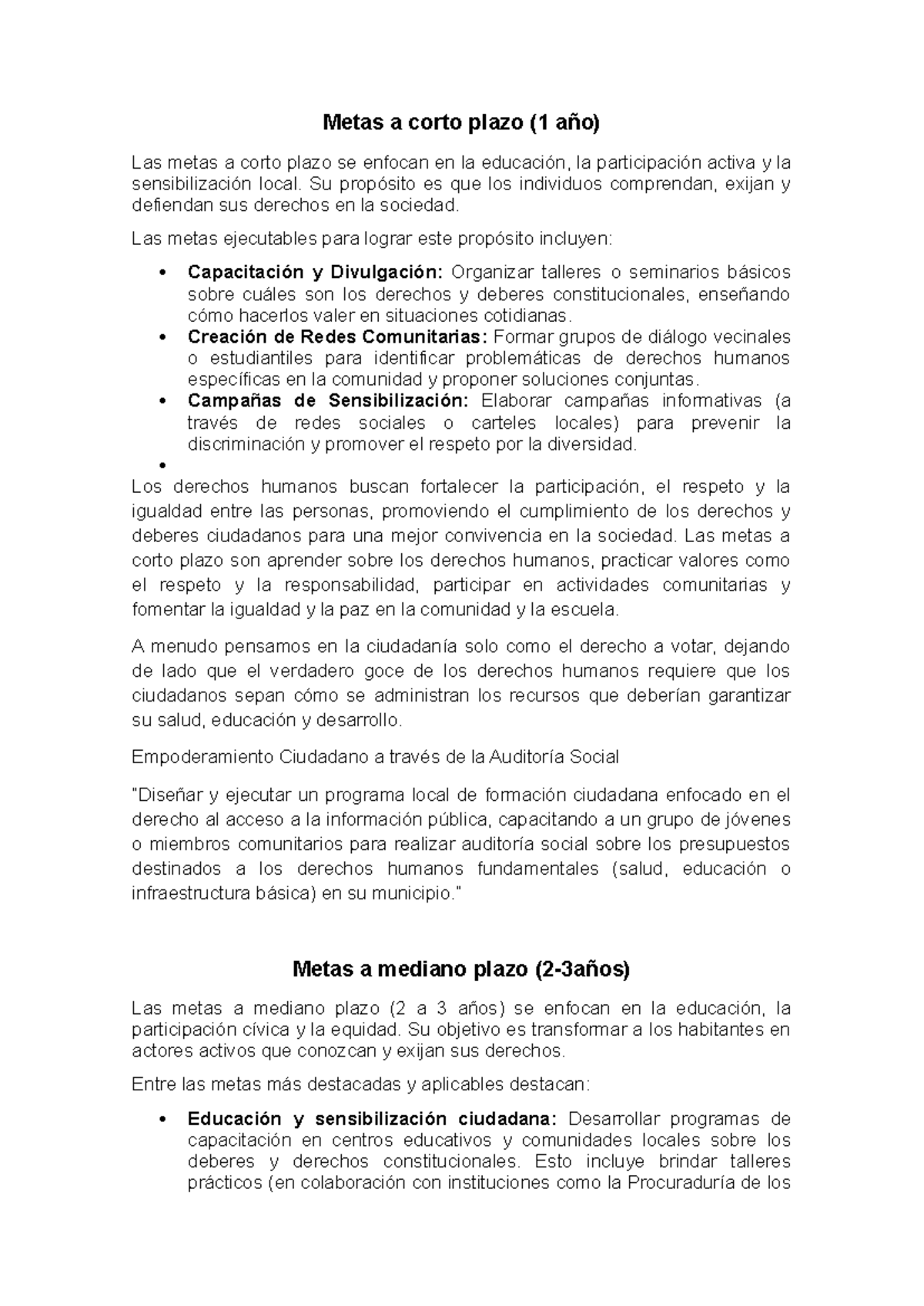 Metas a Corto, Mediano y Largo Plazo en Derechos Humanos - Studocu