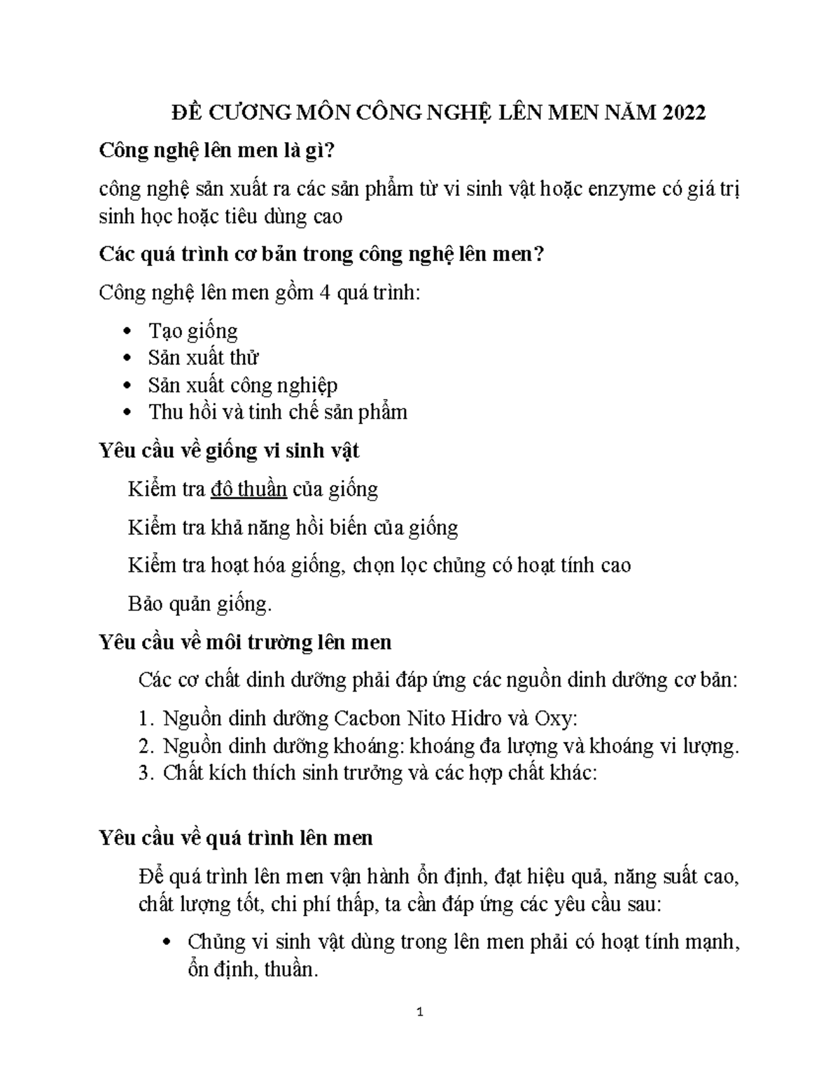 ĐỀ CƯƠNG CÔNG NGHỆ LÊN MEN 2022 - TỔNG QUAN VÀ QUÁ TRÌNH - Studocu