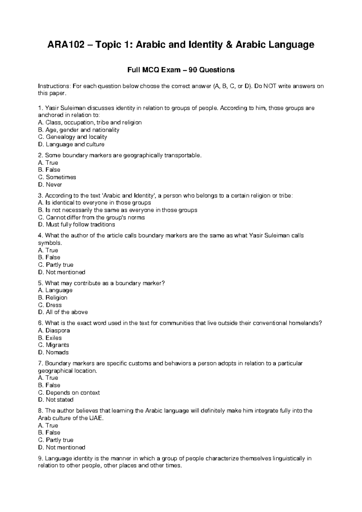 ARA102 Full MCQ Exam: Arabic and Identity Practice Questions - Studocu