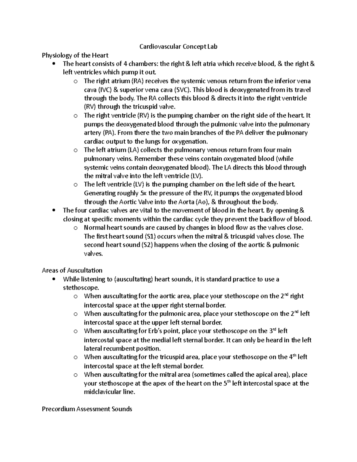 Cardiovascular Lab Notes: Heart Physiology & Auscultation Techniques ...