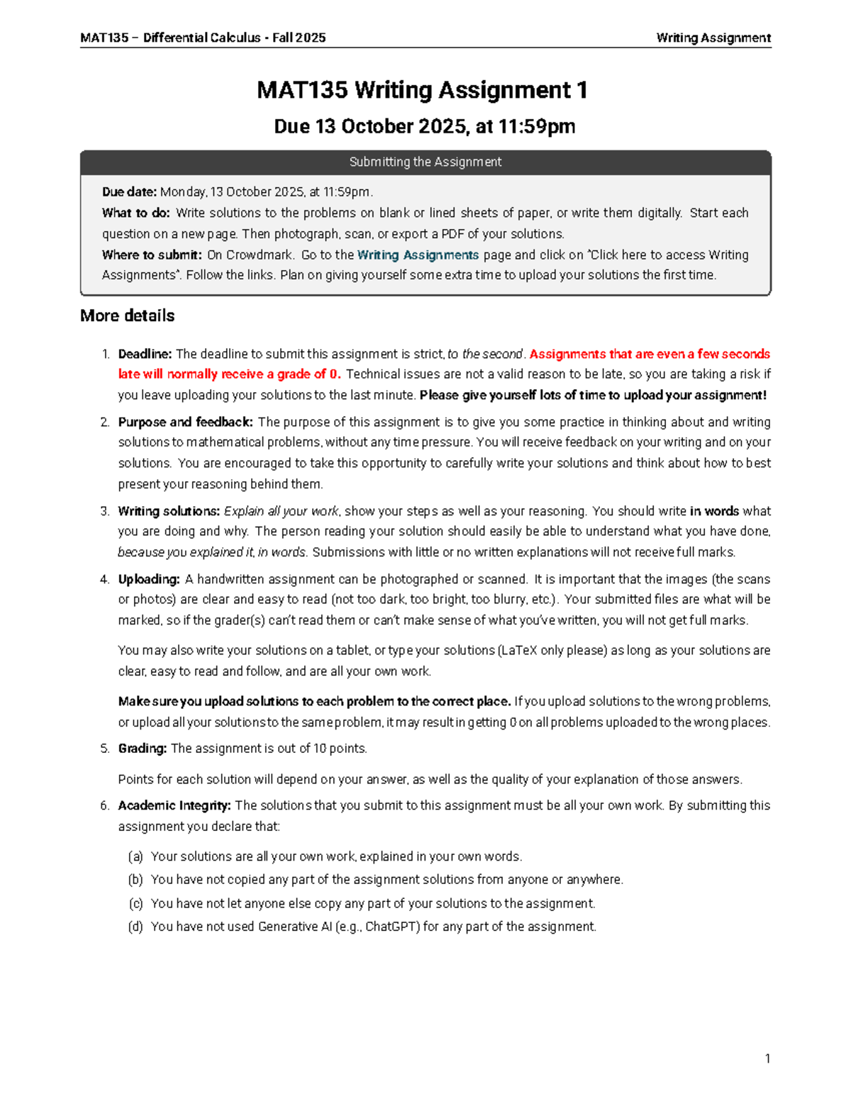 MAT135 Differential Calculus Fall 2025 Writing Assignment 1 Guidelines ...