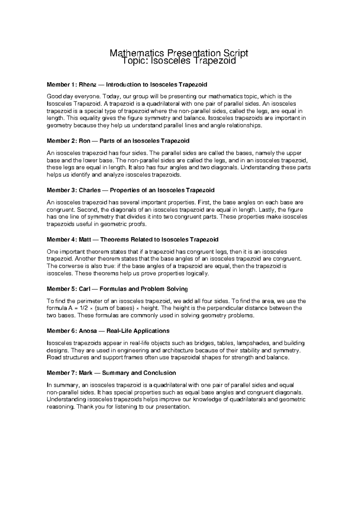 Mathematics Presentation Script: Isosceles Trapezoid Overview - Studocu