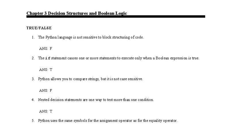 Chapter 3 Test Bank: Decision Structures & Boolean Logic (CS101) - Studocu