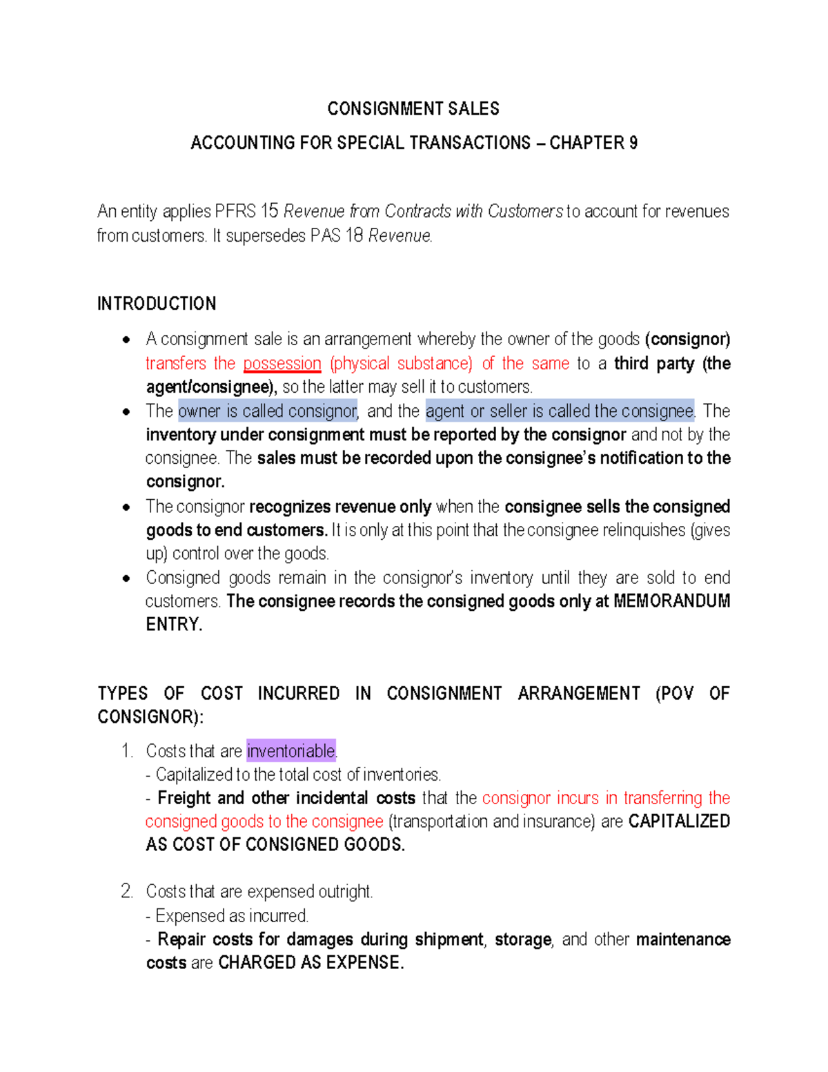 Consignment Sales Accounting for Special Transactions (Chapter 9) - Studocu
