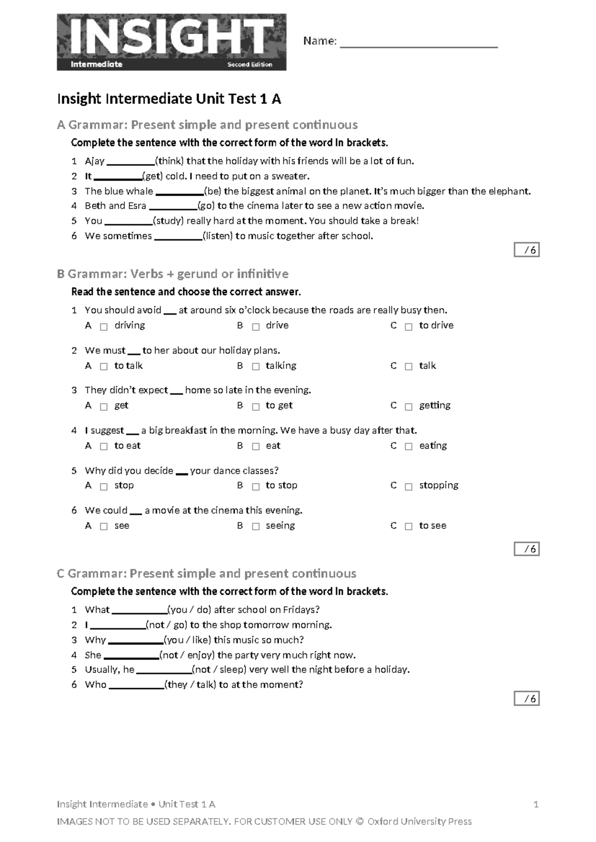 Insight Intermediate Unit Test 1A: Grammar & Vocabulary Review - Studocu