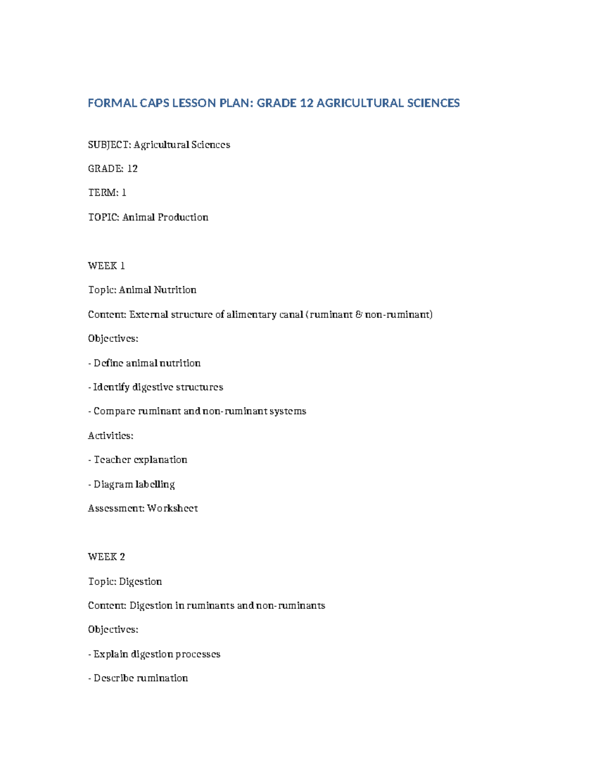 Grade 12 CAPS Agricultural Sciences: Animal Production Lesson Plan ...