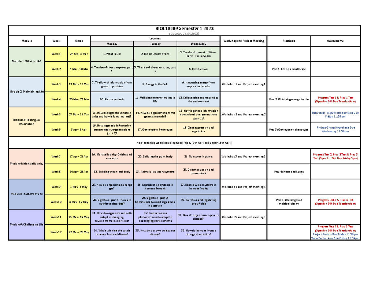 Semester 1 2023 Module Lecture Schedule Timetable - Studocu