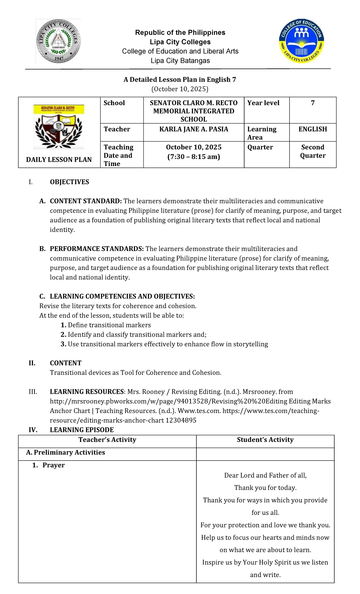 Detailed Lesson Plan in English 7 (2nd Quarter) - Oct 10, 2025 - Studocu