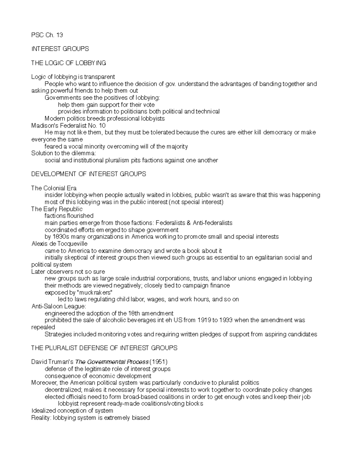 PSC 101 Starling Ch. 13 Notes - PSC Ch. 13 INTEREST GROUPS THE LOGIC OF ...