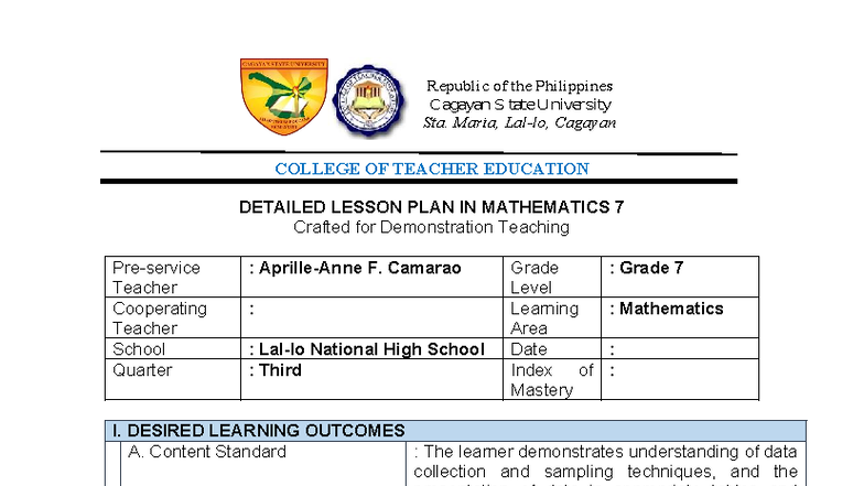 Detailed Lesson Plan in Mathematics 7: Bar Graphs for Demonstration ...