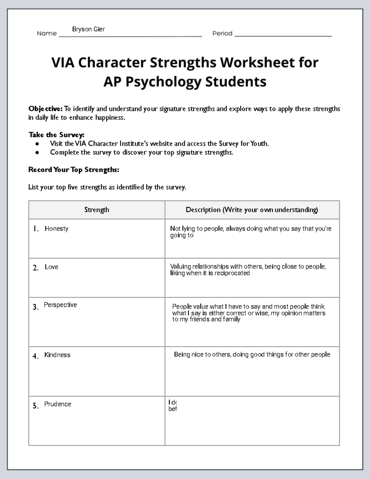 VIA Character Strengths Worksheet for AP Psychology Students - Studocu