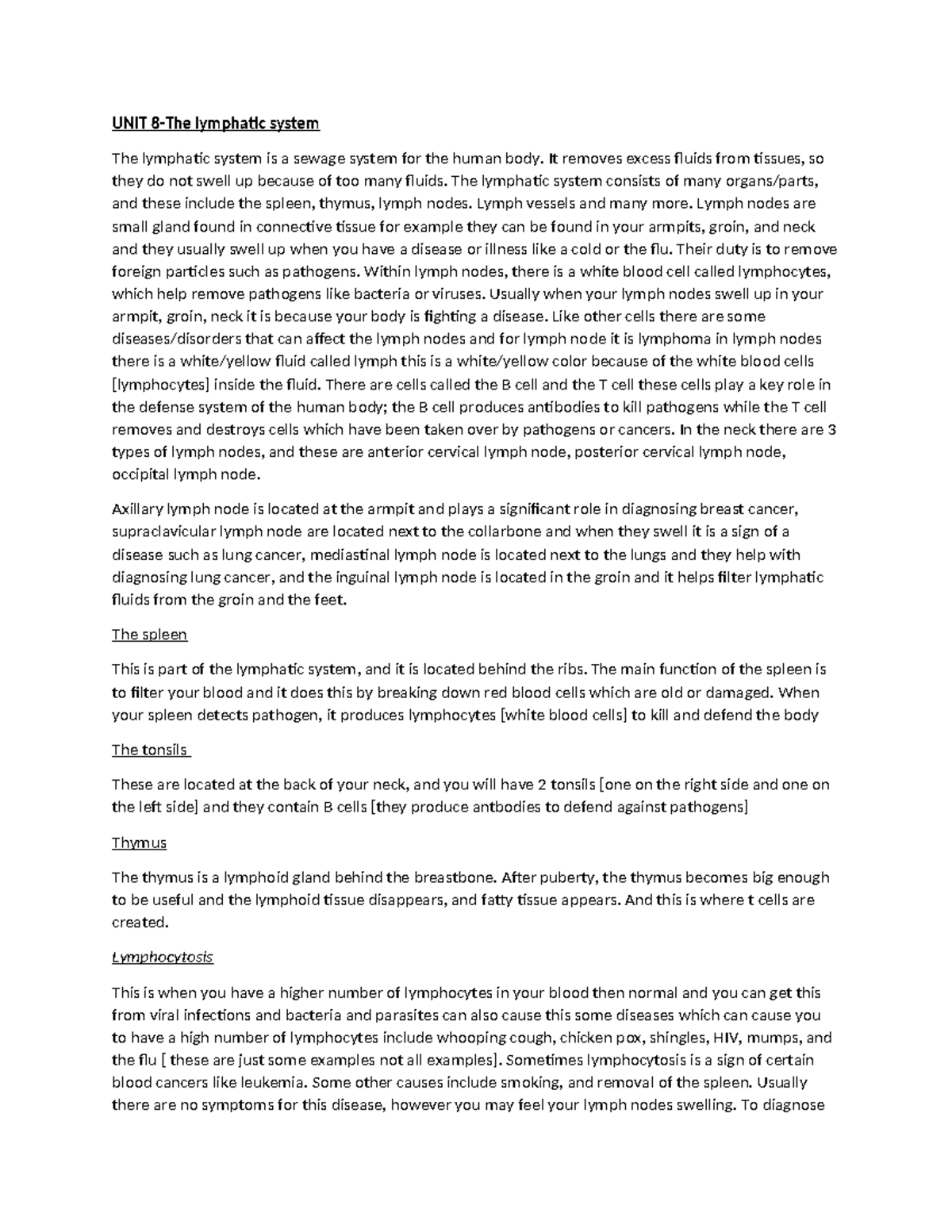 Unit 8: Overview of the Lymphatic System and Its Functions - Studocu