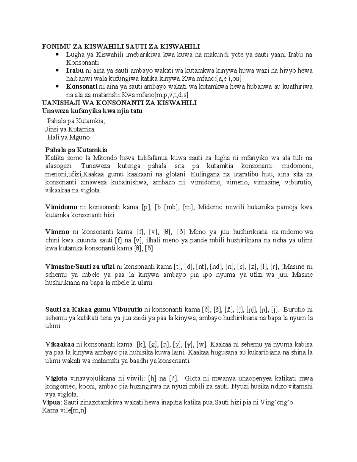 Fonimu za Kiswahili: Sauti na Uanishaaji wa Konsonanti - Studocu