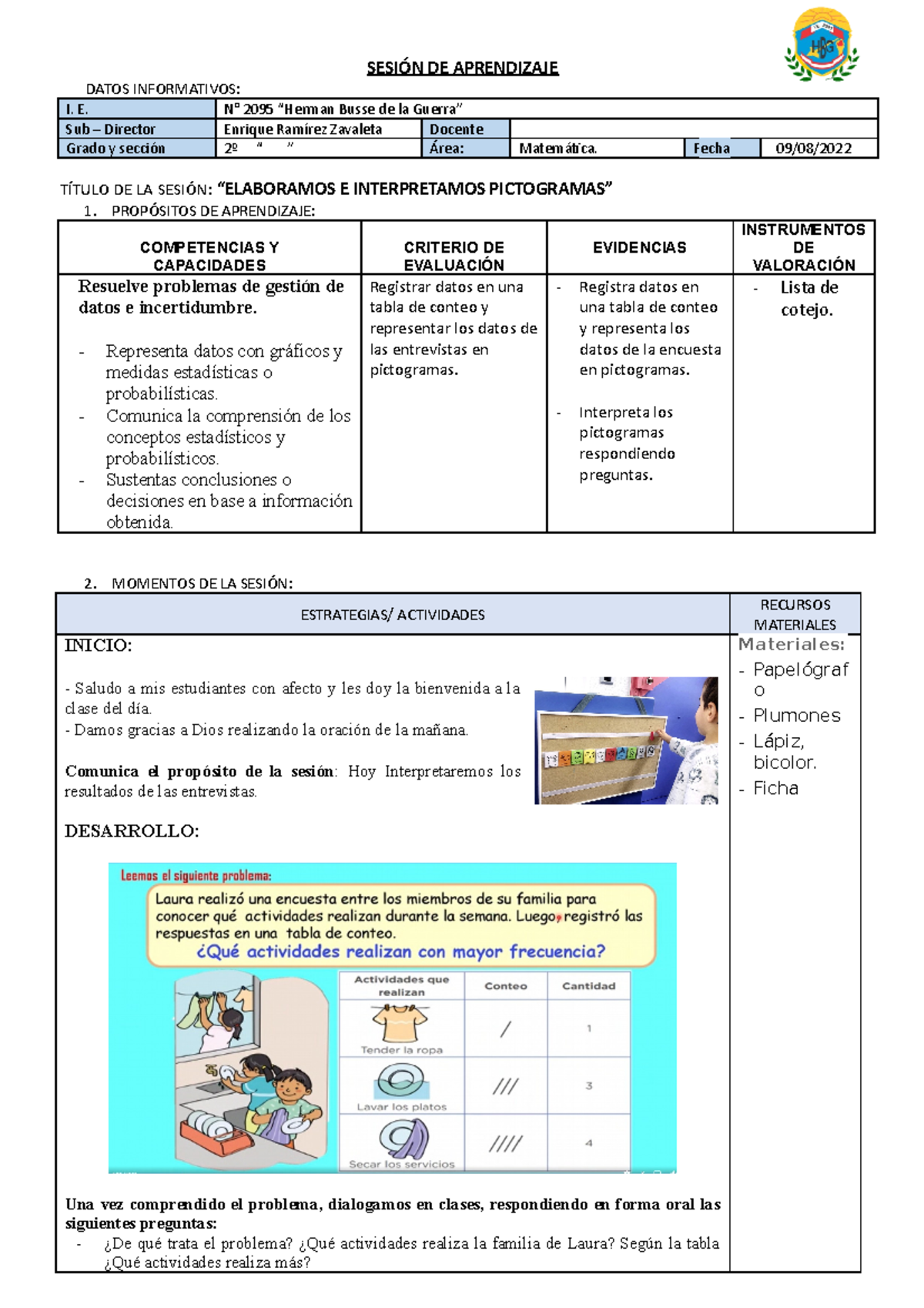 Sesion Pictogramas 09-08 - SESIÓN DE APRENDIZAJE DATOS INFORMATIVOS: I. E. N° 2095 “Herman Busse ...