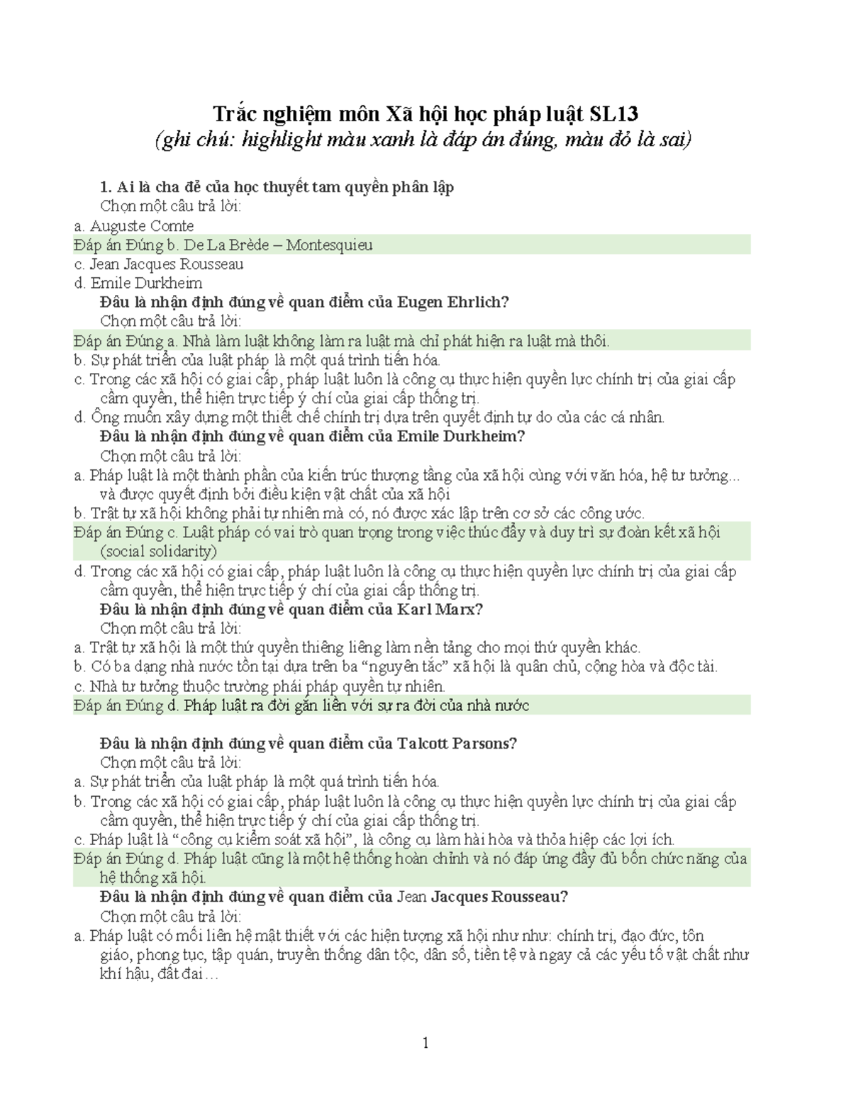 SL13 - Trắc Nghiệm Xã Hội Học Pháp Luật: Câu Hỏi & Đáp Án - Studocu