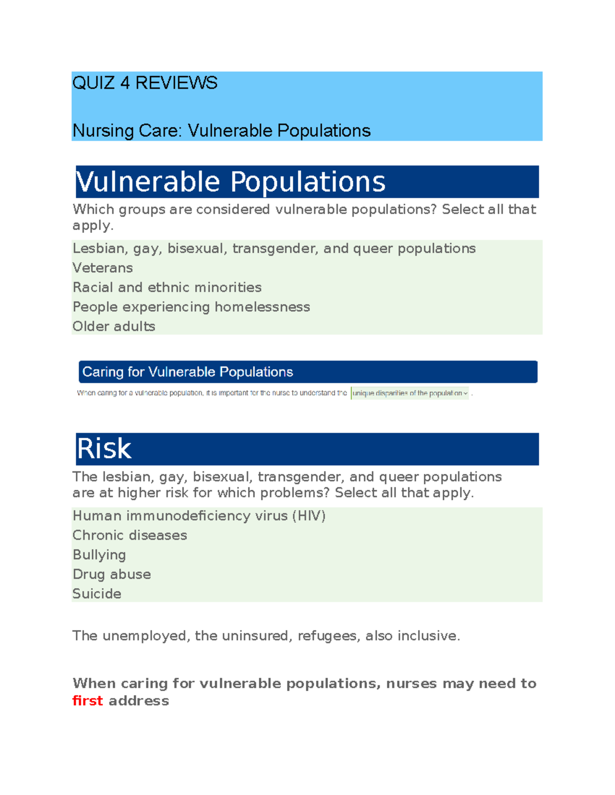 NURS 102: Week 4 Quiz Review on Vulnerable Populations and Care - Studocu