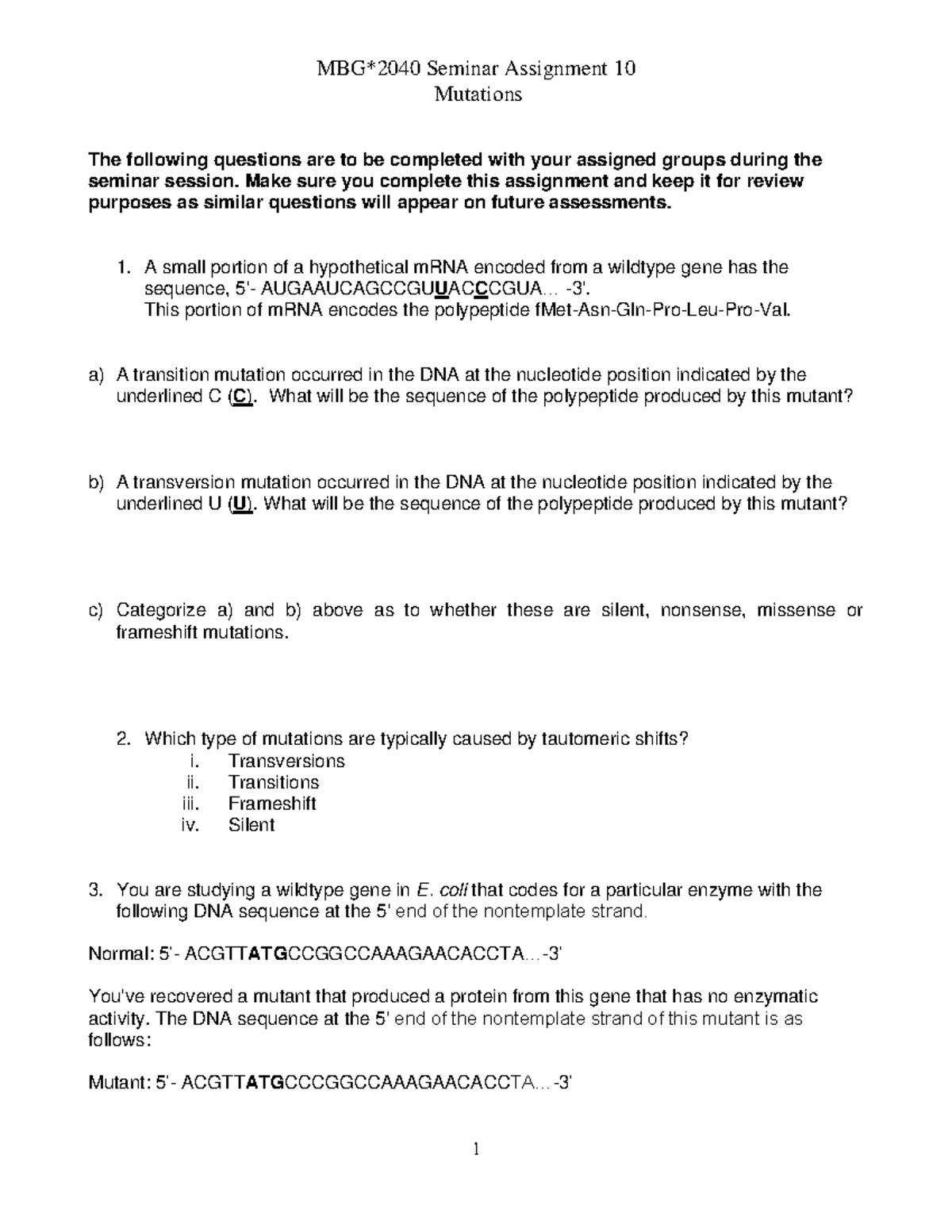 F22 Seminar Assignment 10: Understanding Gene Mutations - Studocu