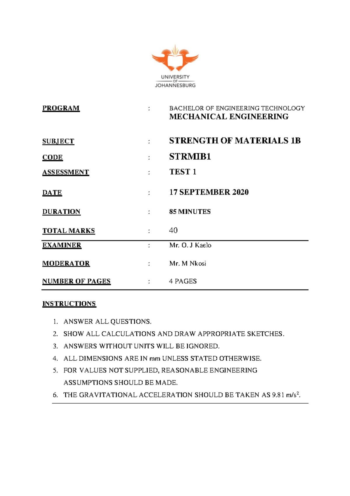 Past Test for Strength of Materials STRMIB: Exam Questions & Guidelines ...