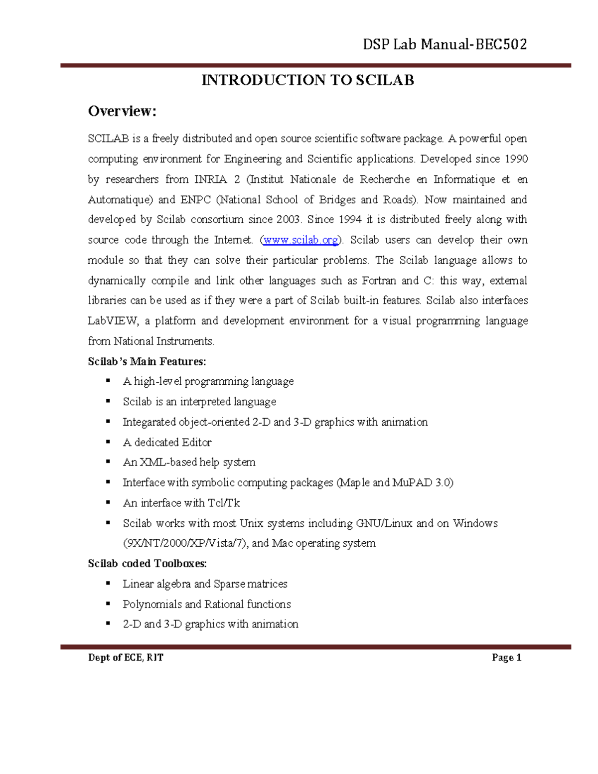BEC502 DSP Lab Manual: Introduction to Scilab and Signal Operations ...