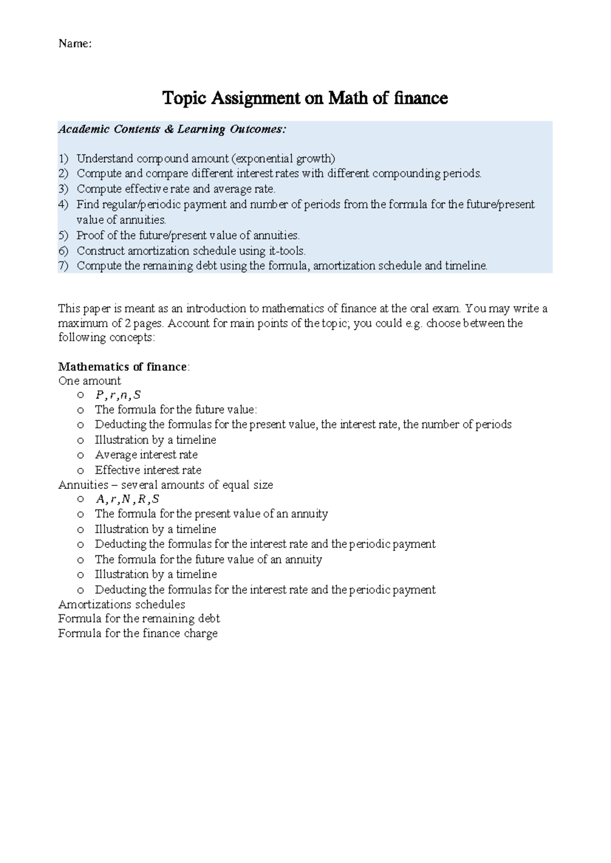 Topic Assignment: Math of Finance Overview and Key Concepts - Studocu