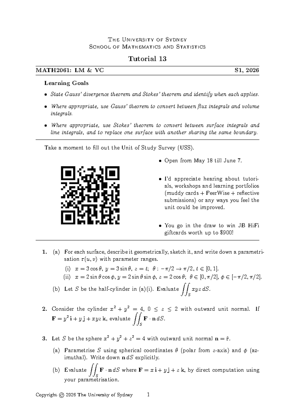 MATH2061: Tutorial 13 - Divergence Theorem and Surface Integrals - Studocu
